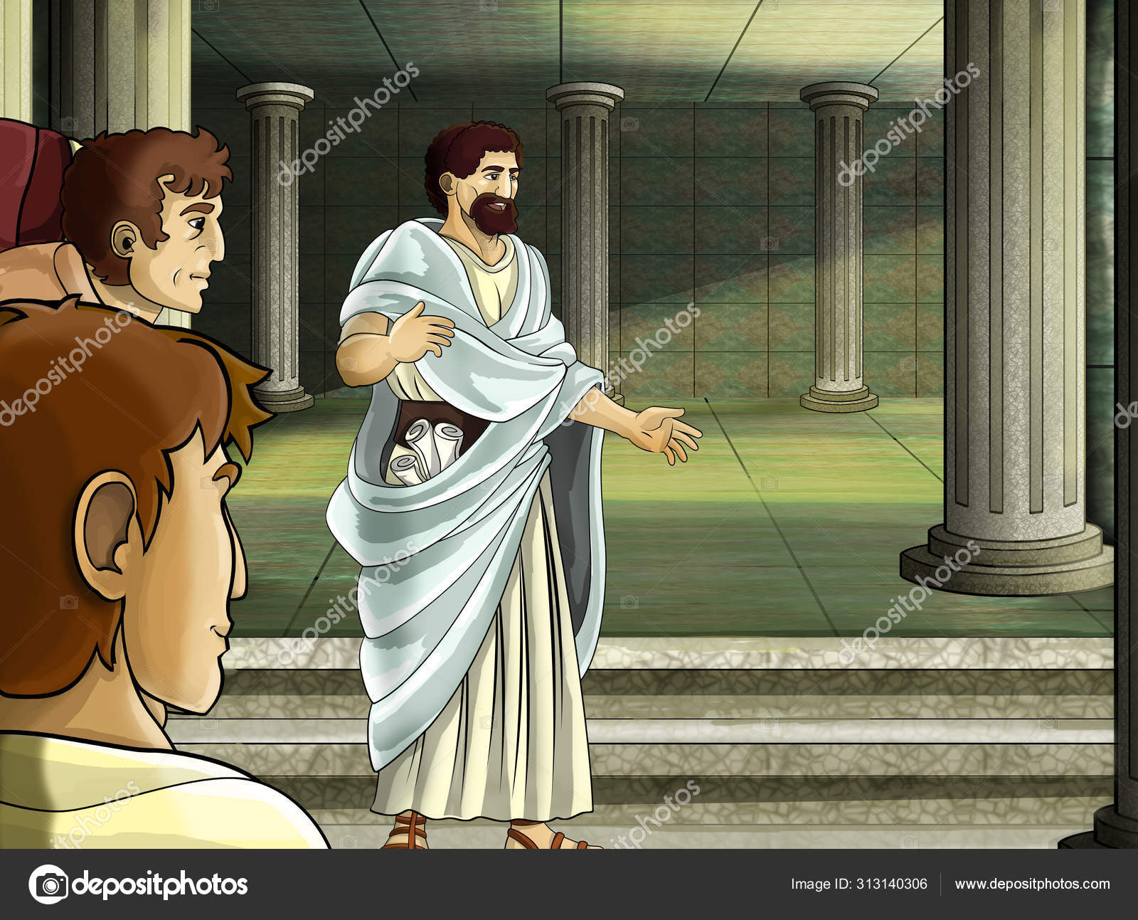 Cartoon scene with roman or greek - ancient character near some ancient ...