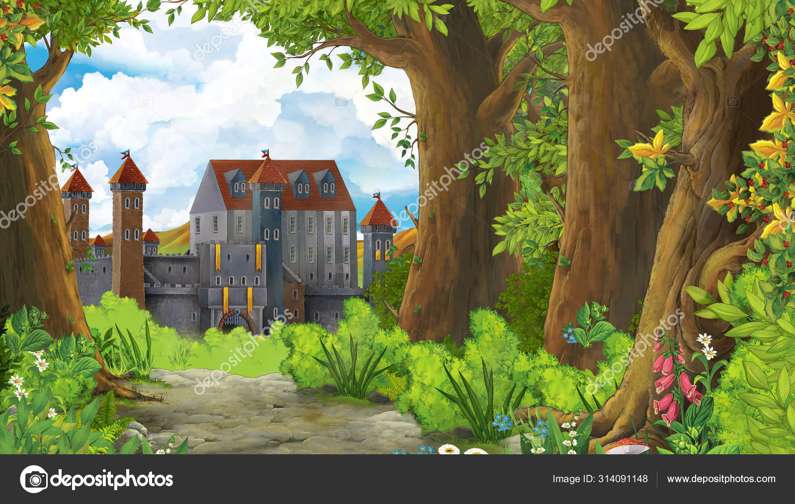 Cartoon nature scene with beautiful castle near the forest - ill Stock ...
