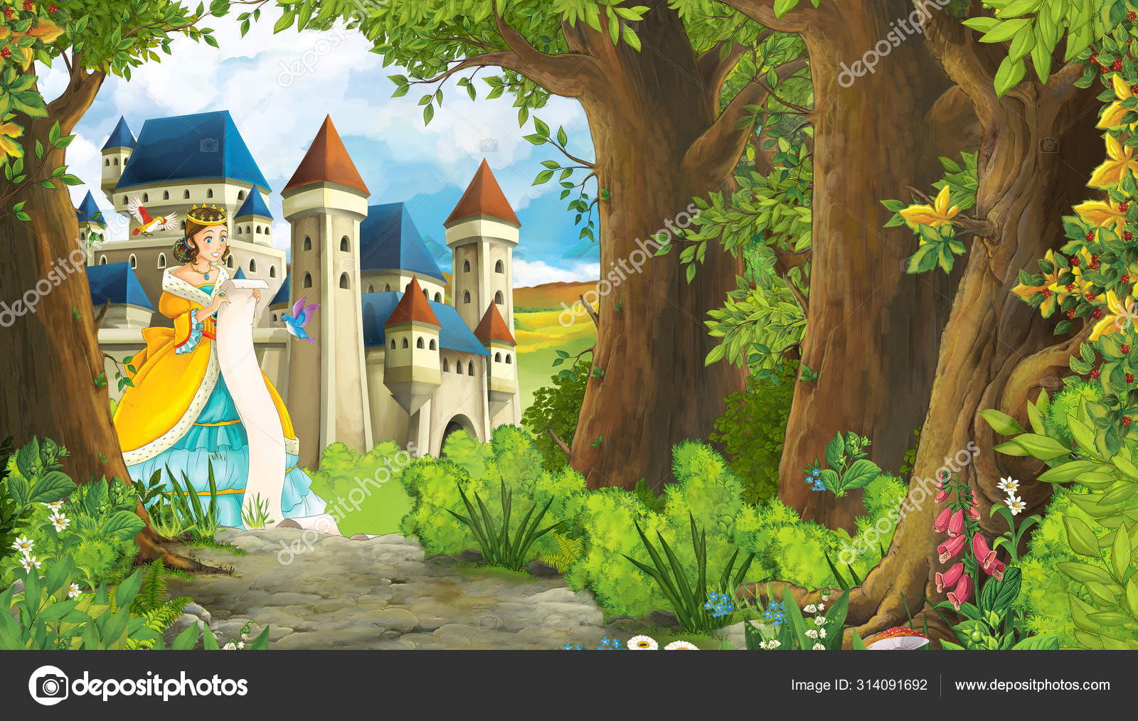 Cartoon nature scene with beautiful girl princess and castle - i Stock ...