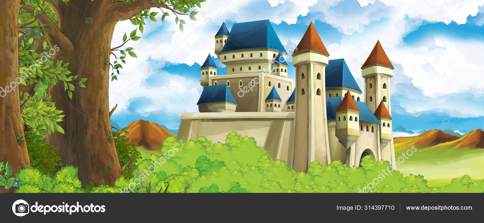 Cartoon nature scene with beautiful castle near the forest ...