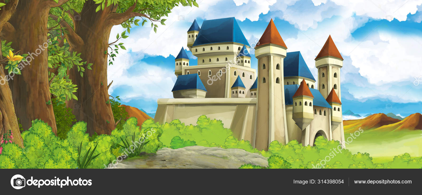 Cartoon nature scene with beautiful castle near the forest ...