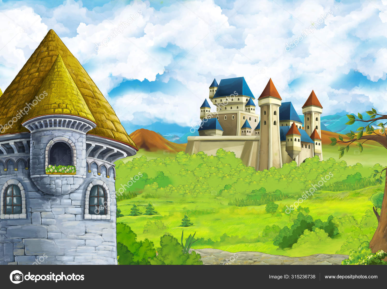 Cartoon nature scene with beautiful castle near the forest ...