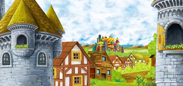 Adegan kartun dengan kerajaan benteng dan gunung lembah dan beruang ...