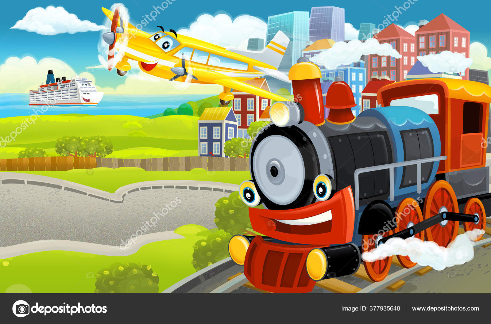 Cartoon Funny Looking Steam Train Locomotive City Cars Plane Flying ...