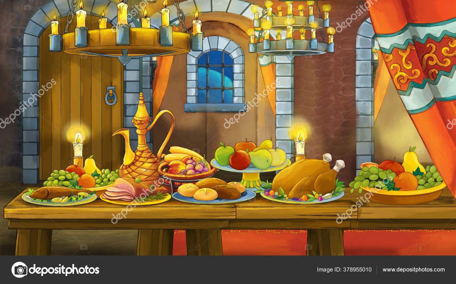 Cartoon Fairy Tale Scene Castle Room Table Full Food Illustration Stock ...
