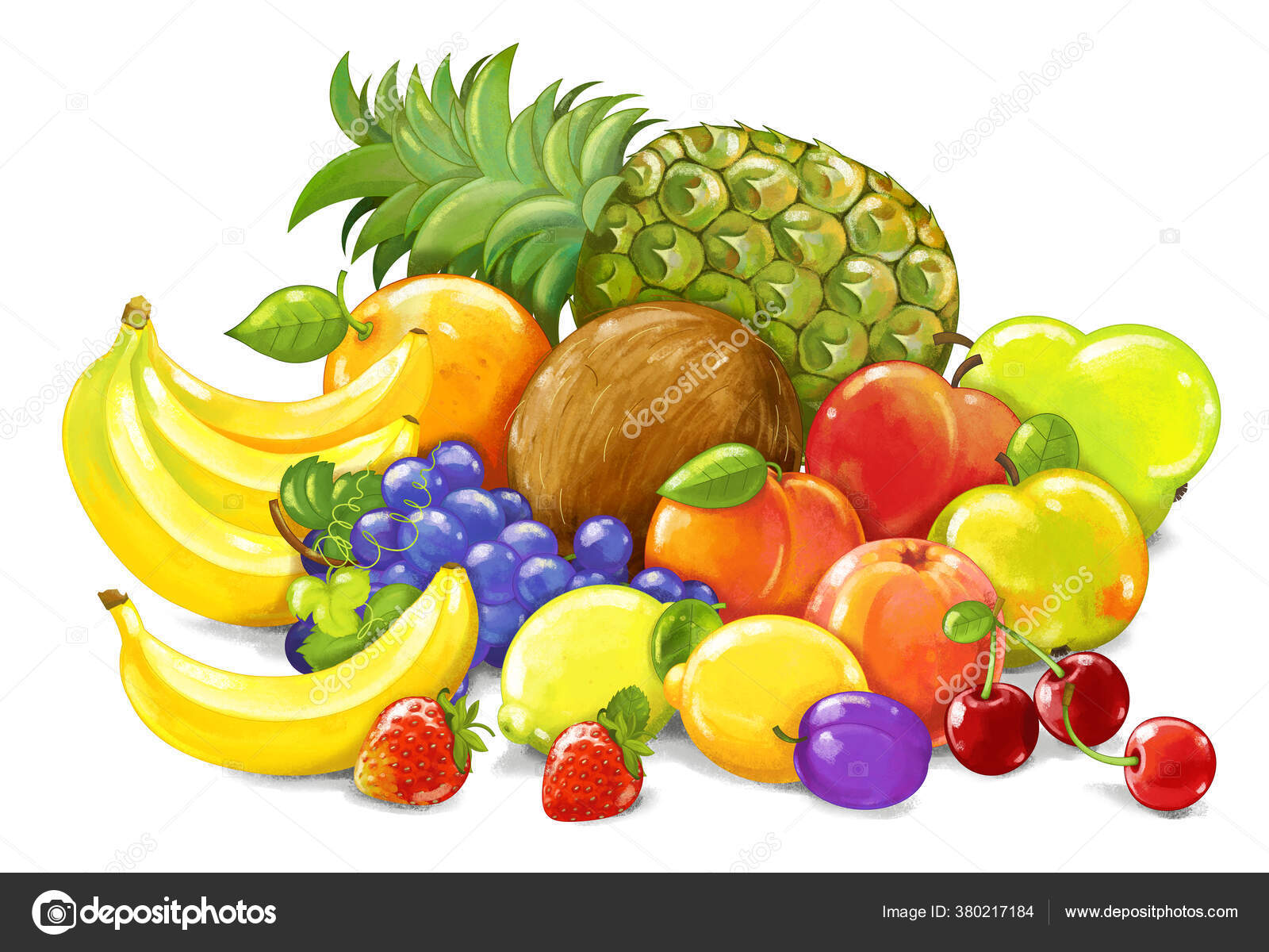 Cartoon Fruit Scene Many Different Fruit Meal Set White Background ...