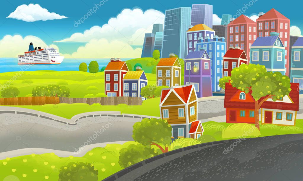 dibujos animados escena feliz y divertida del centro de una ciudad para ...