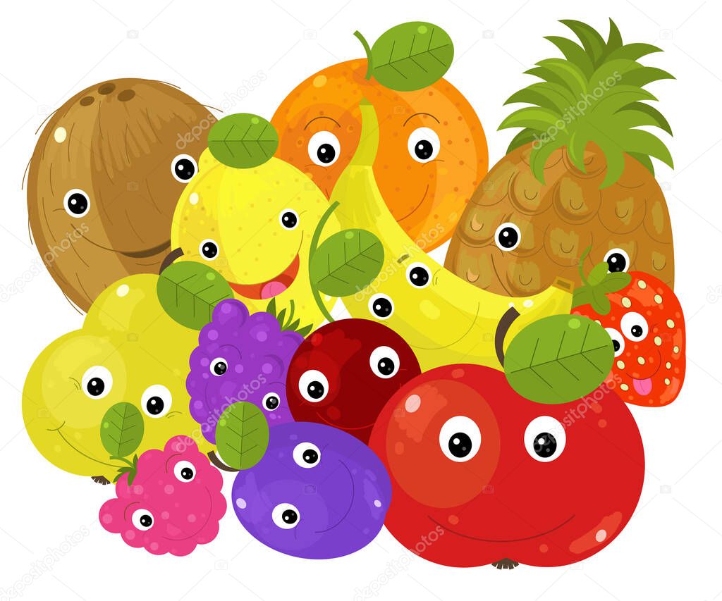 escena de frutas de dibujos animados con muchas frutas diferentes como ...
