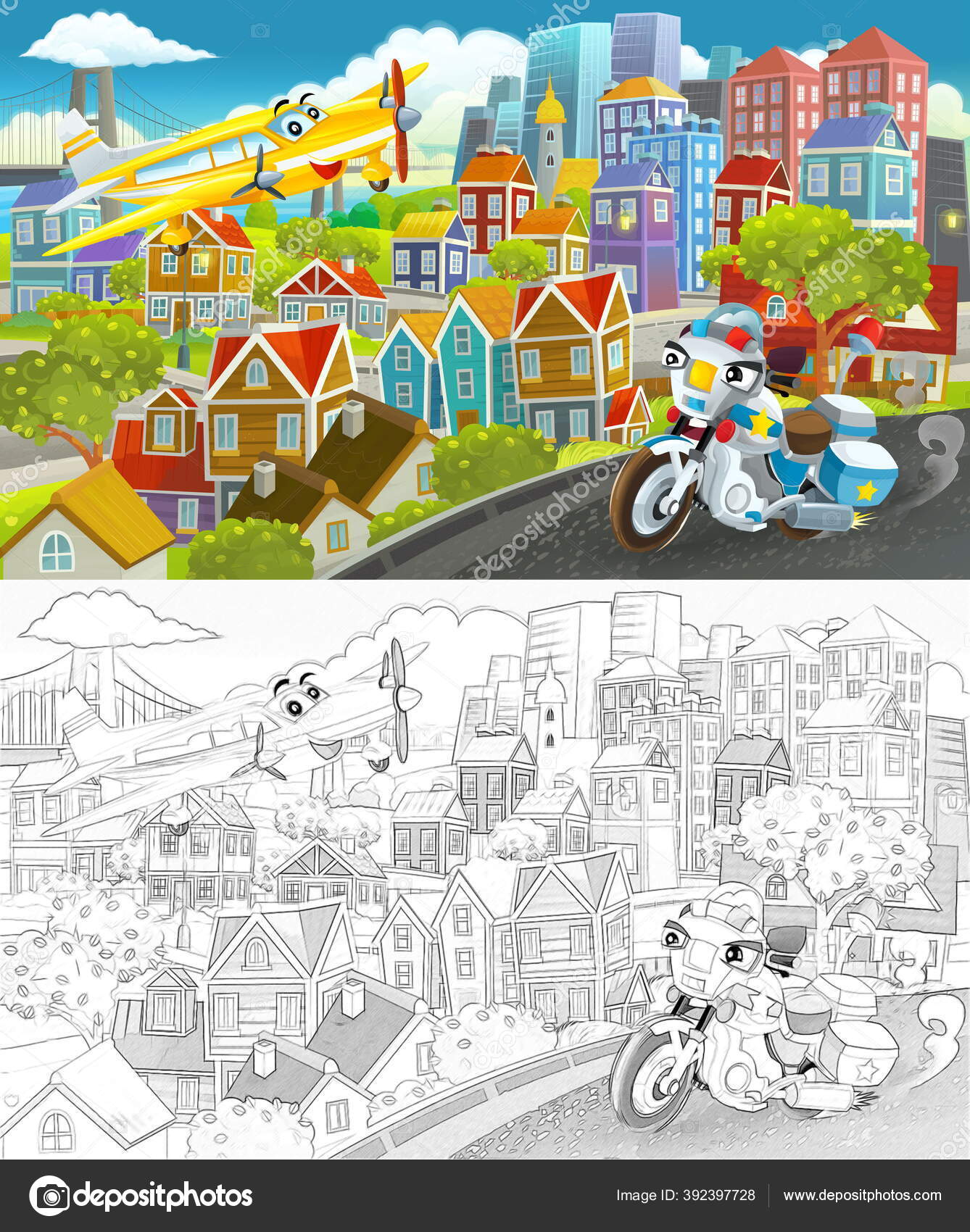 Cartoon Funny Scene Sketch Middle City Flying Plane Car Vehicle — Stock ...