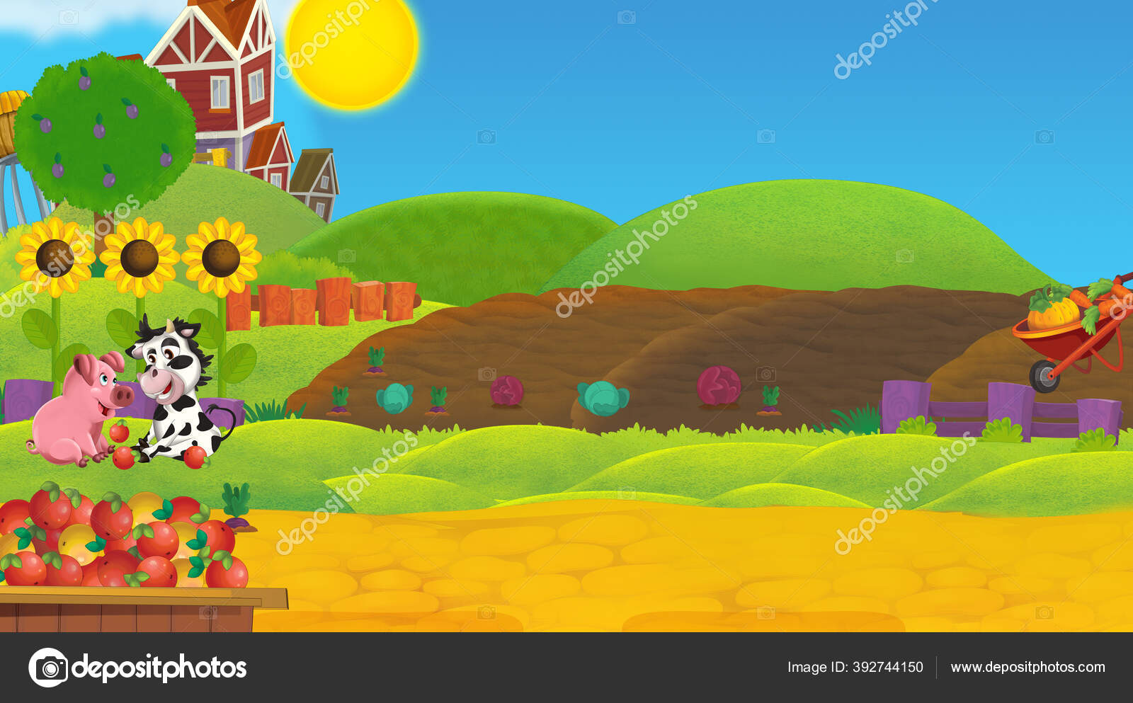 Granja Dibujos Animados Rancho Escena Con Casa Madera Rural Ilustración ...