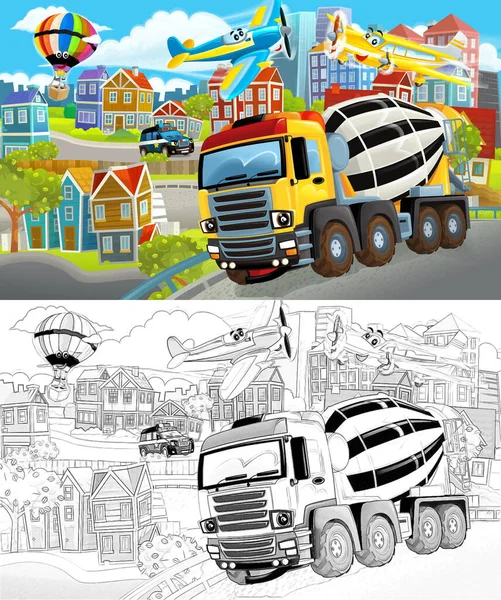 Cartoon Sketch Scene Funny Looking Police Car Driving City Construction ...