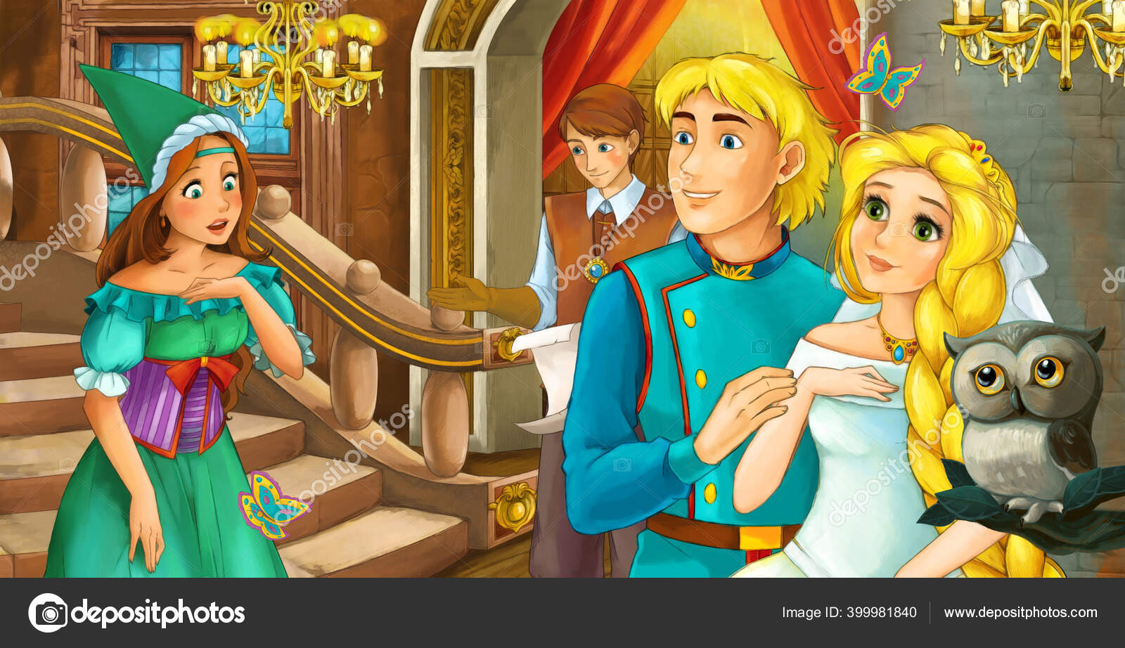 Cartoon Scene Owl Prince Princess Married Couple Castle Room ...