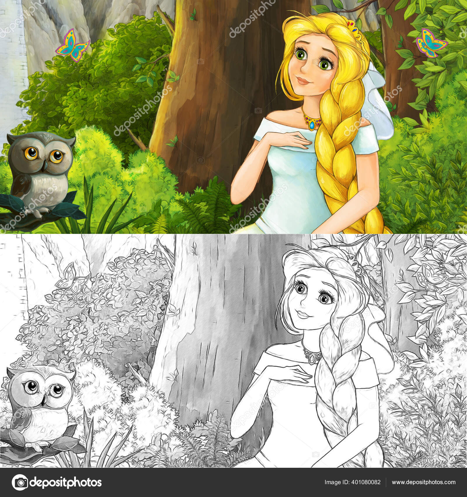 Cartoon Scene Owl Happy Princess Forest Traveling Illustration Children ...