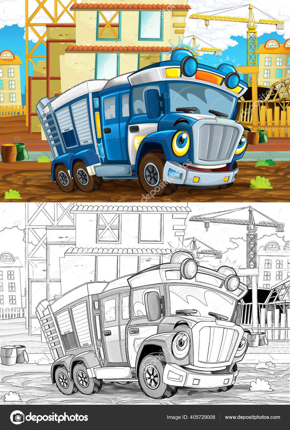 Cartoon Sketch Scene Funny Looking Police Car Driving City Construction ...