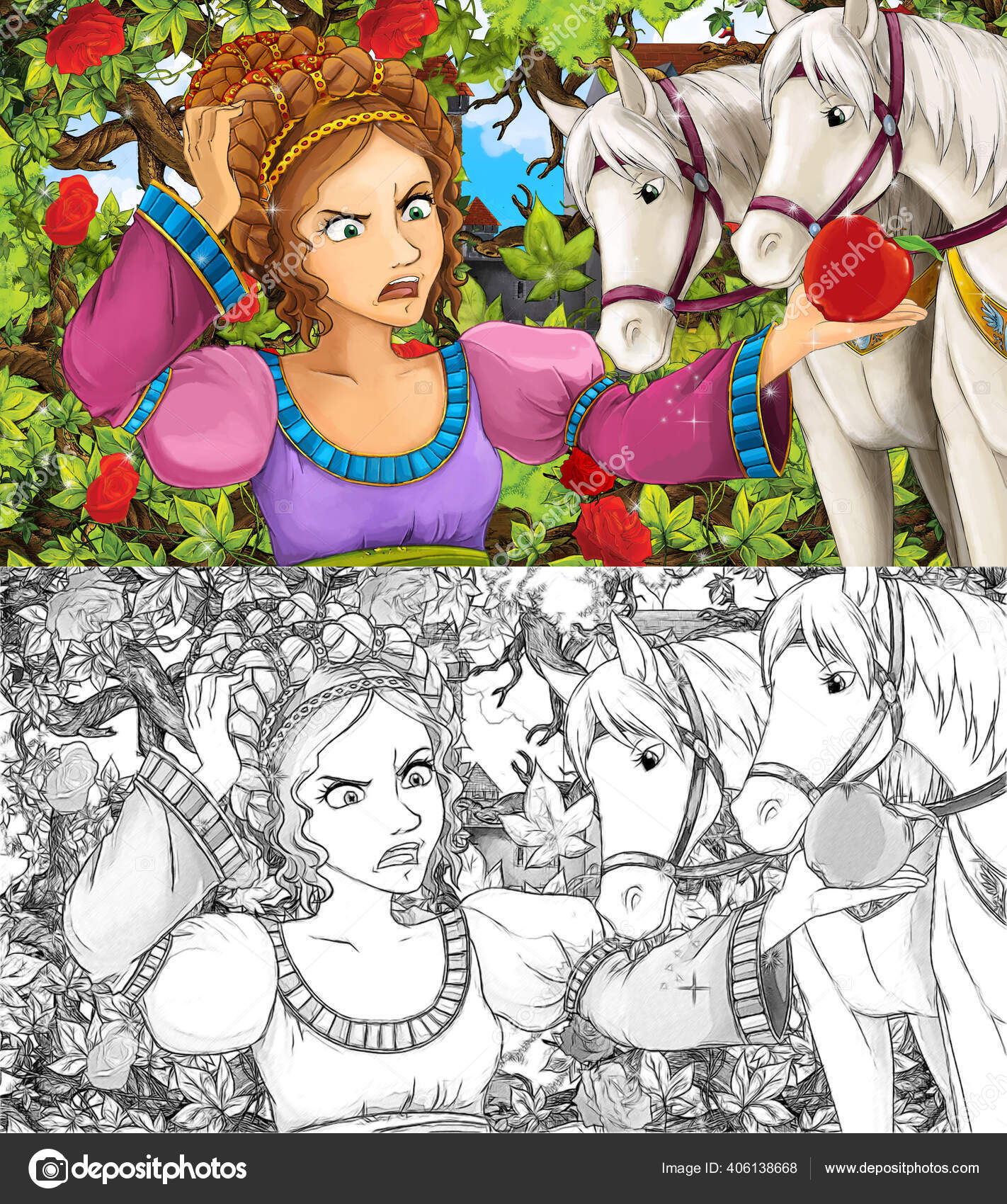 Cartoon Sketch Scene Princess Garden Horses Illustration Children Stock ...