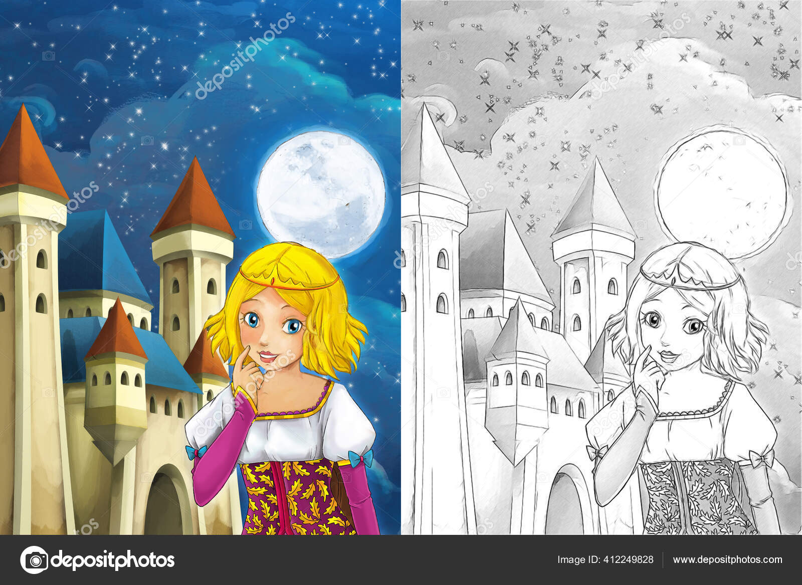 Traditional Sketch Scene Princess Forest Illustration Children Stock ...