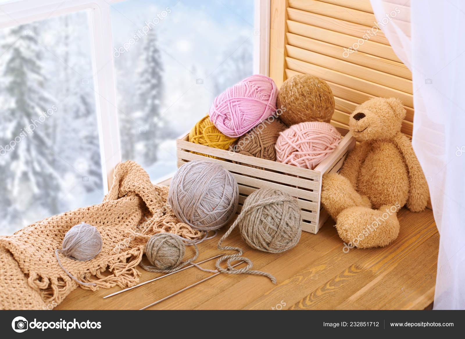 Woolen Yarn Fabric Window Sill Beautiful View Window Winter Scenery ...