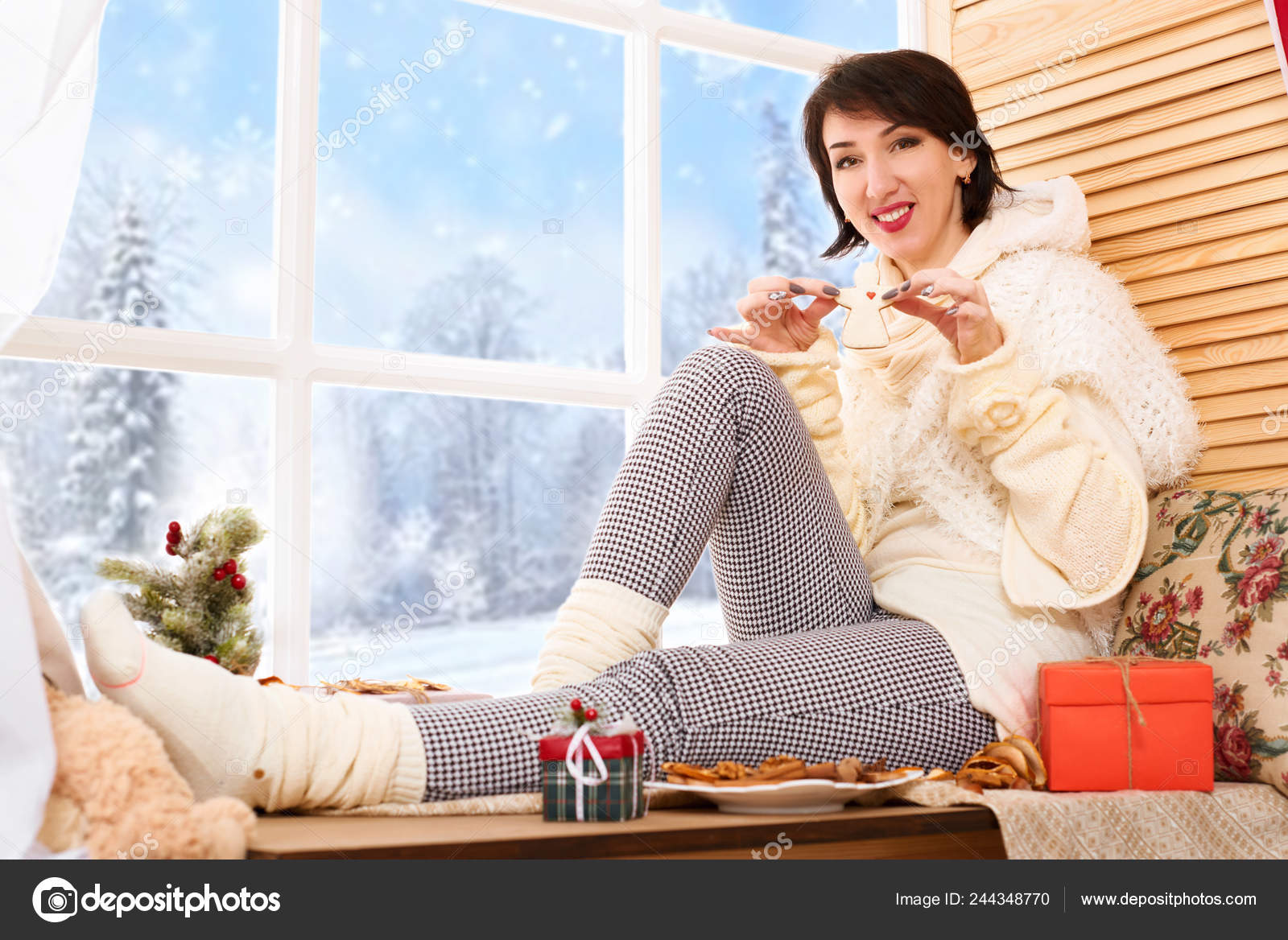 Woman Sitting Window Sill Showing Cookie Angel Beautiful View Window ...