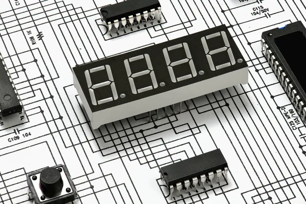 macro of digital display, chip, electronic components, circuit diagram ...