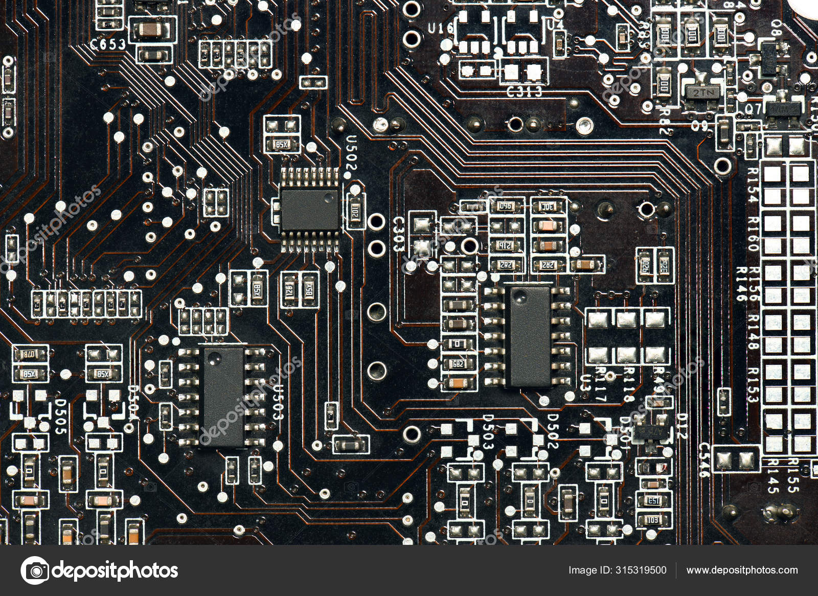 Printed circuit board and microchip, or cpu closeup - electronic ...