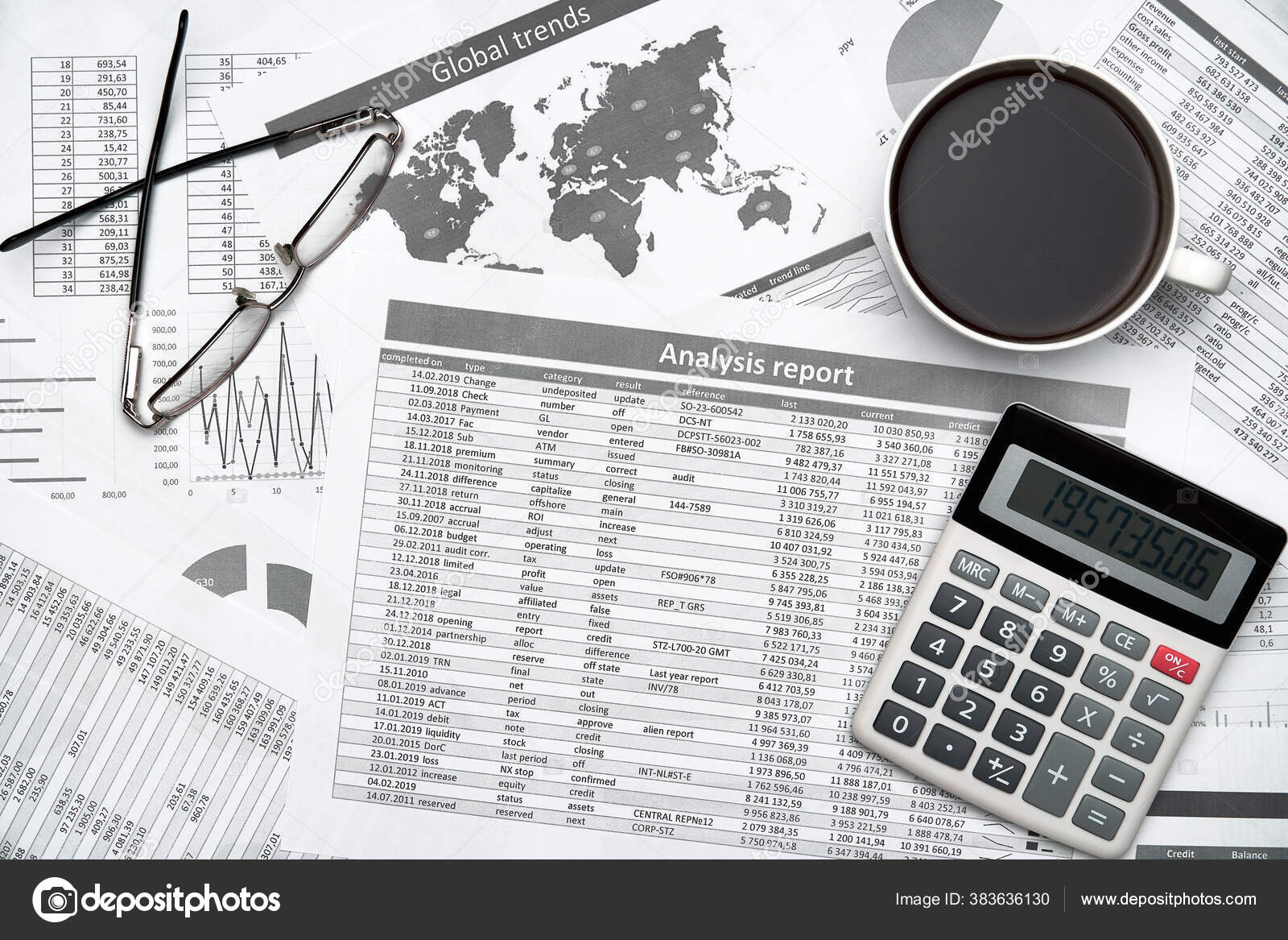 Top View Modern Black Office Desk Notebook Pencil Financial Statements ...