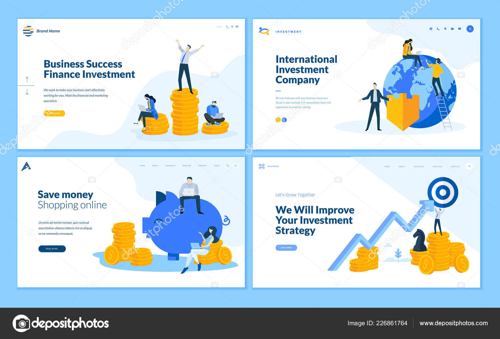 Set Flat Design Web Page Templates Finance Business Success Investment ...