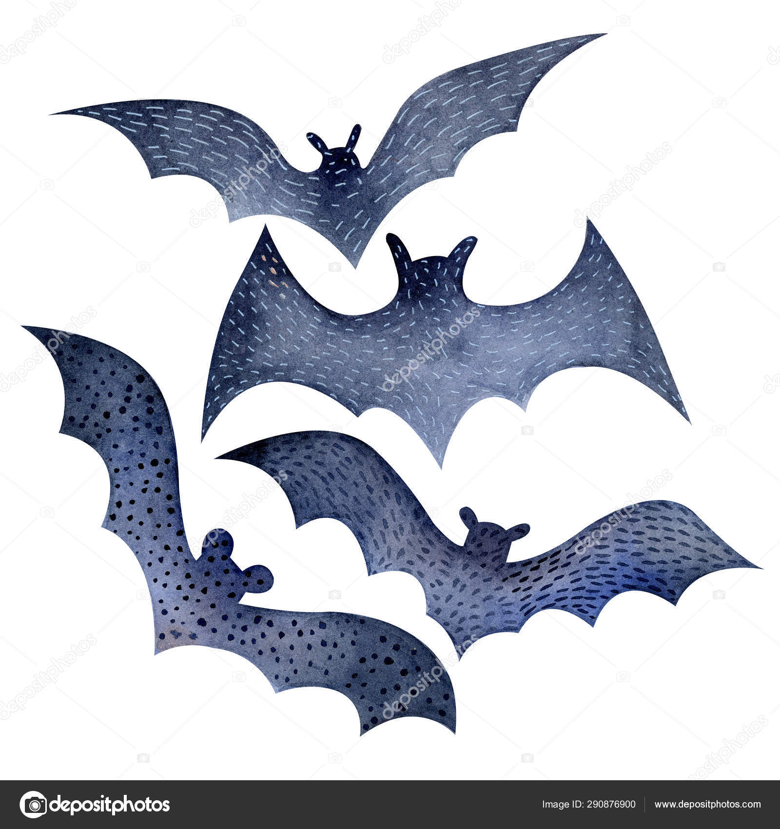 Set of bats in watercolor. Stylized dark silhouette Hand drawn. Object ...