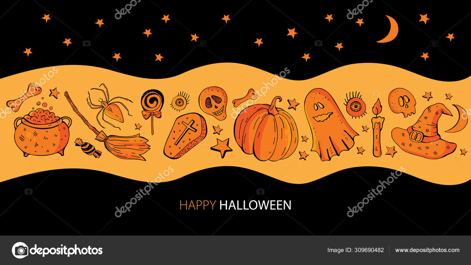 Halloween banner background. Vector cartoon orange and black with set ...