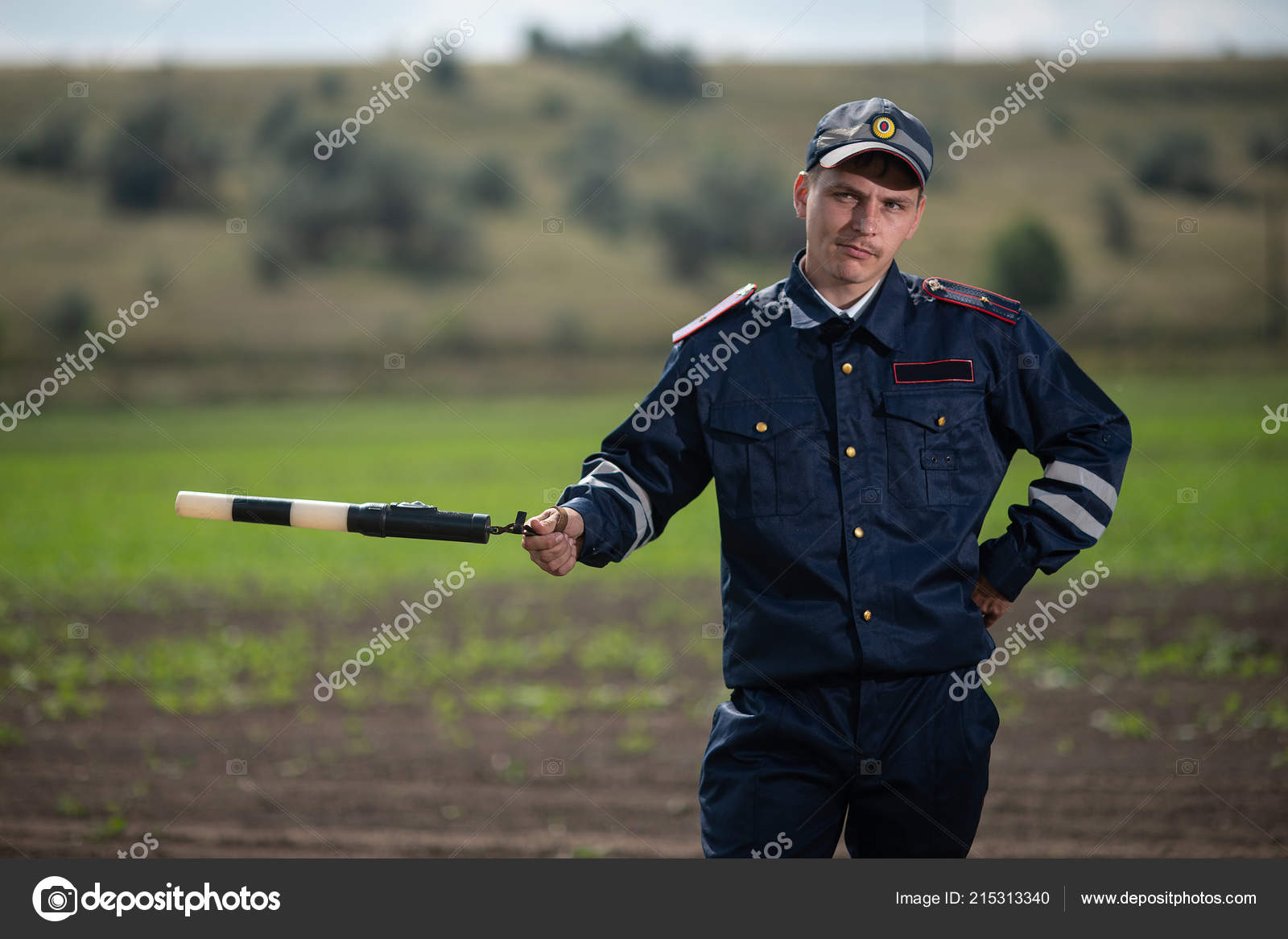 Beautiful Young Policeman Uniform Rod His Hand Background Rural ...