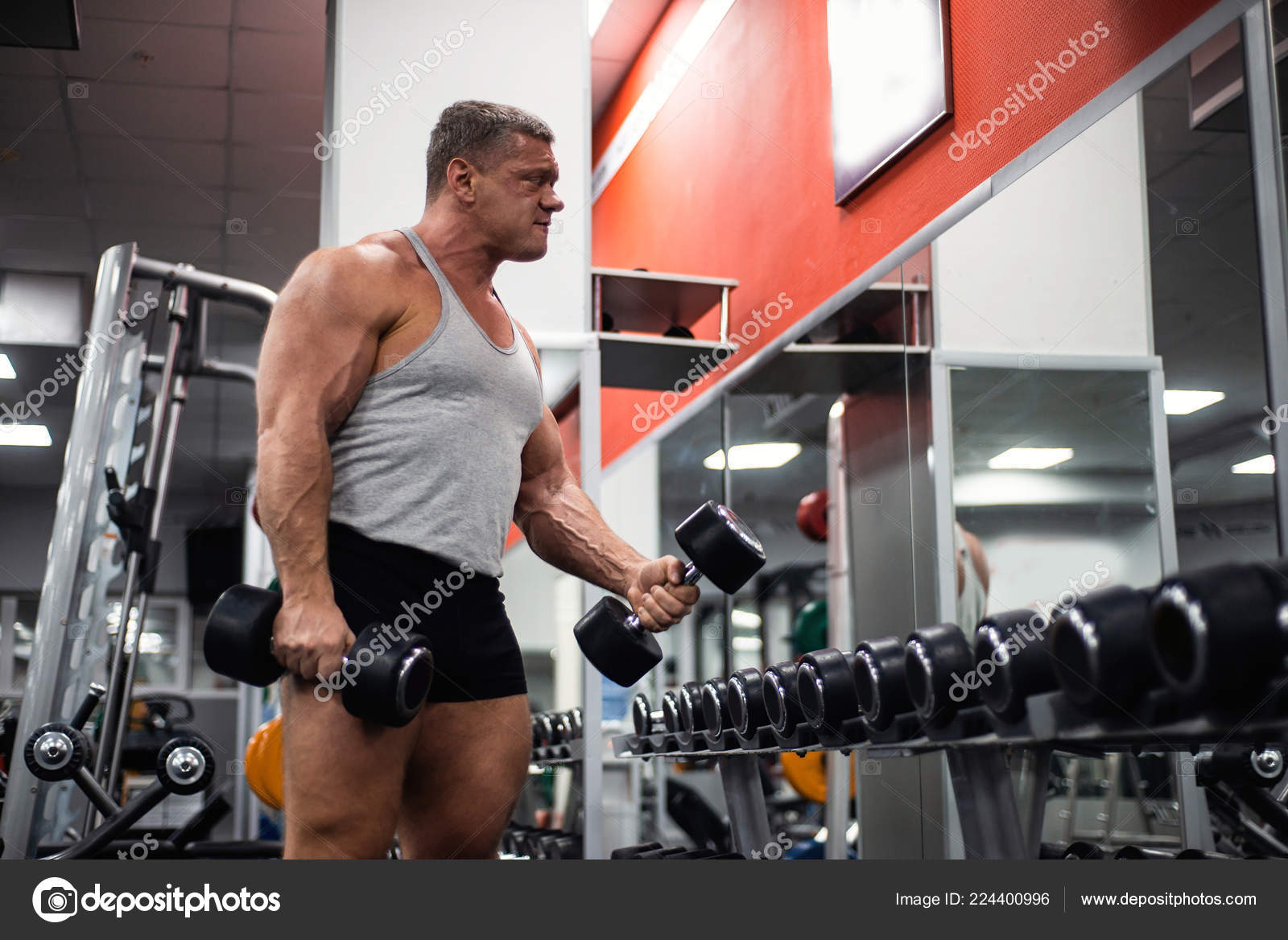 Big Athletic Man Trains Gym Training Biceps Dumbbells — Stock Photo ...