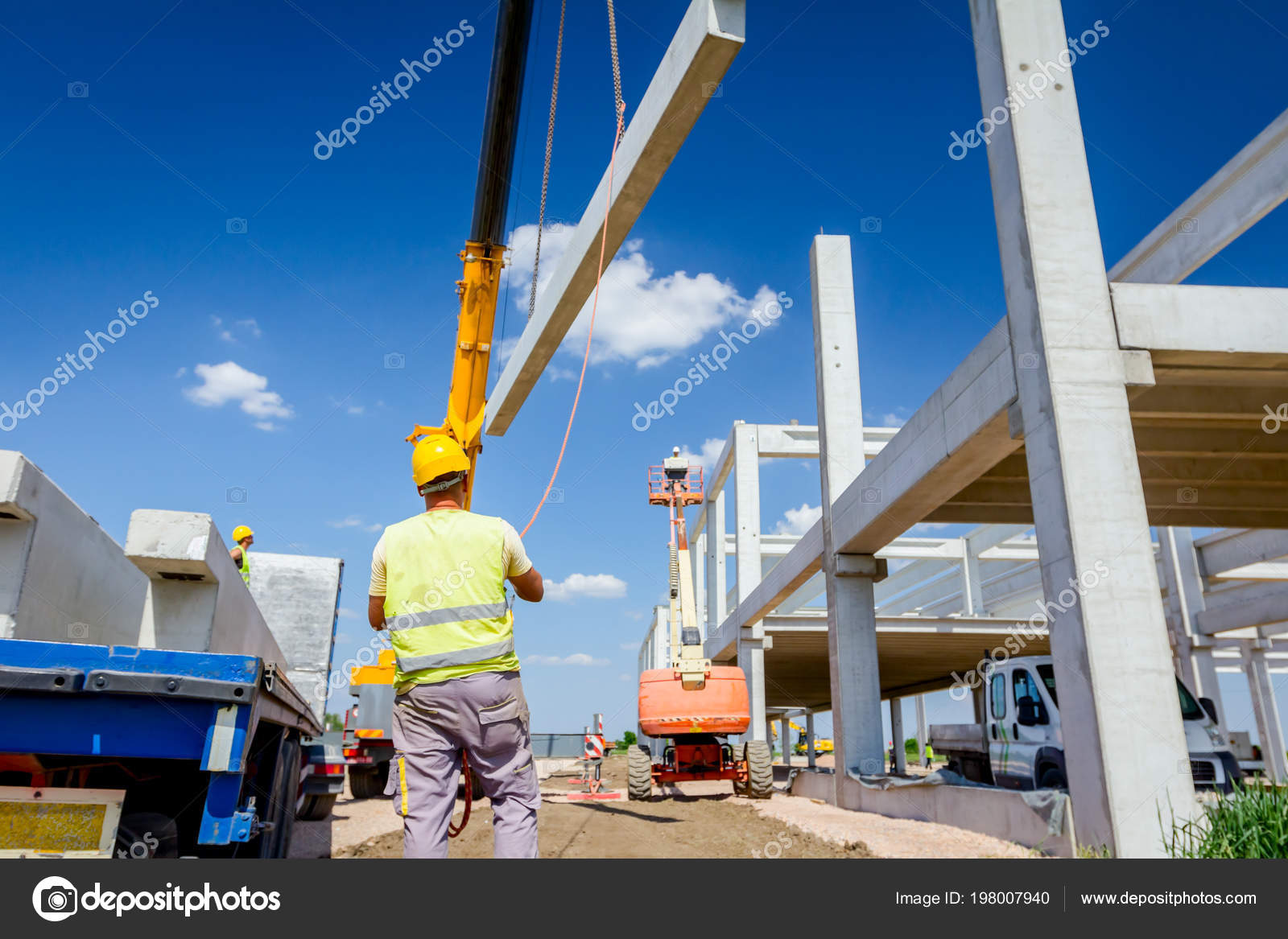 Worker Helping Mobile Crane Rope Manage Concrete Joist Assembly Huge ...