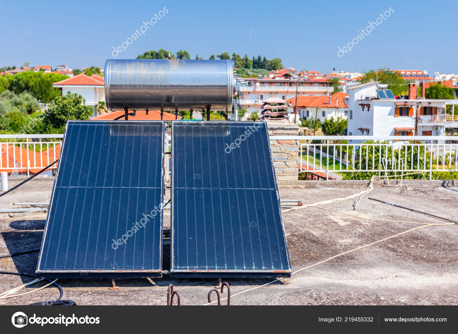 Water Panels Using Renewable Sun Energy Placed House Roof Solar Stock ...