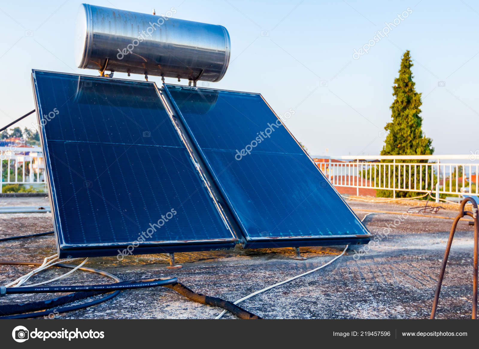 Water Panels Using Renewable Sun Energy Placed House Roof Solar Stock ...