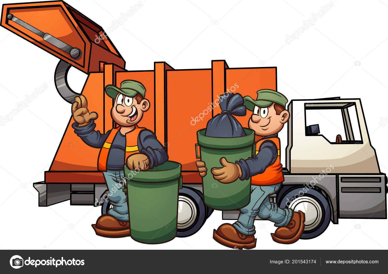 Basureros Dibujos Animados Con Camión Recogiendo Basura Ilustración ...