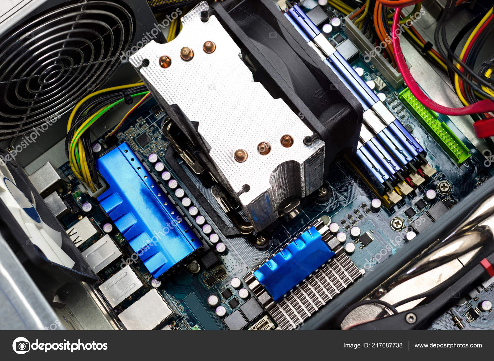 Computer Motherboard Top View Visible Heat Sink Fan Ram Memory Stock ...