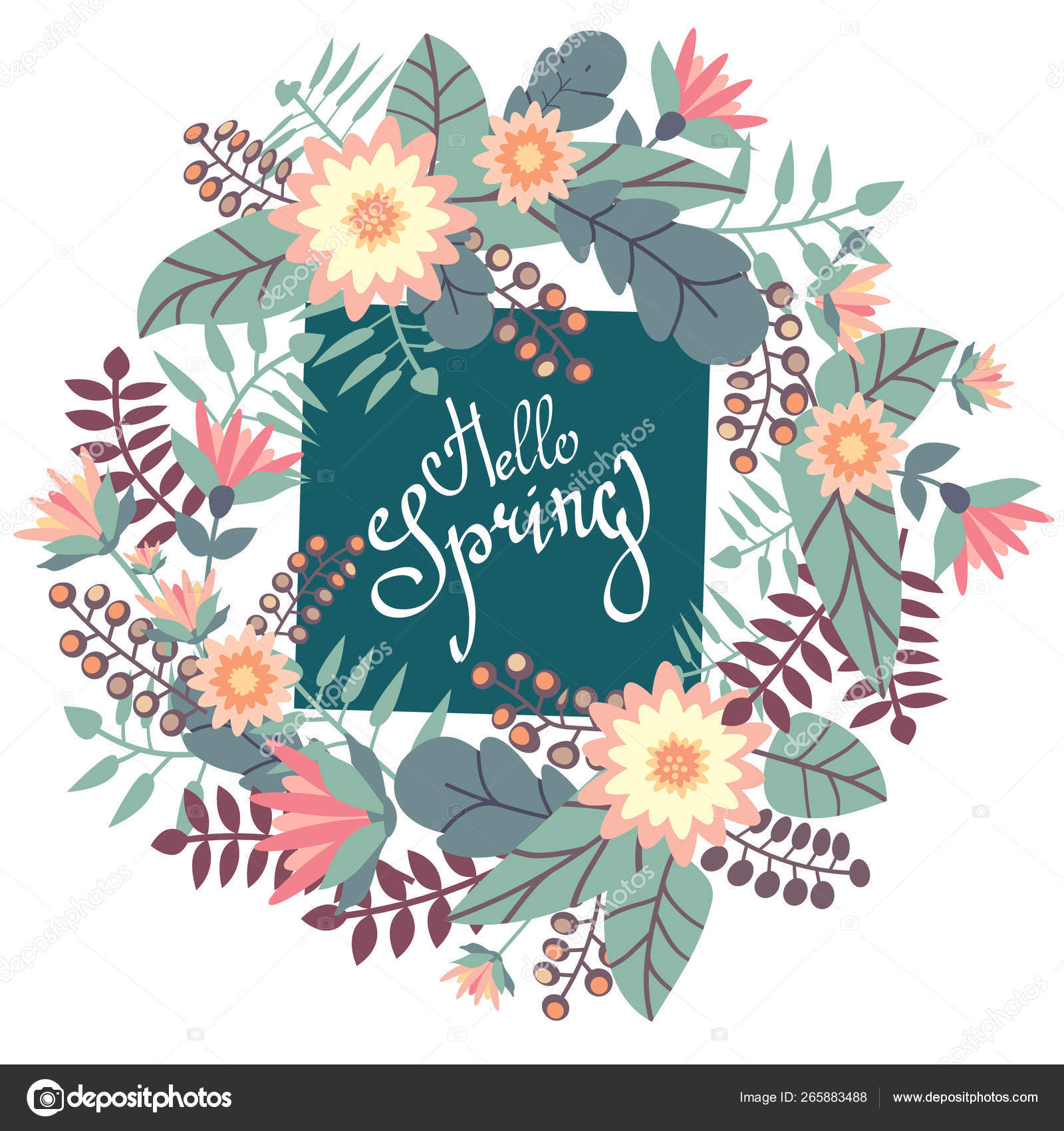 Floristic design with circular wreath in flat style on white Stock ...