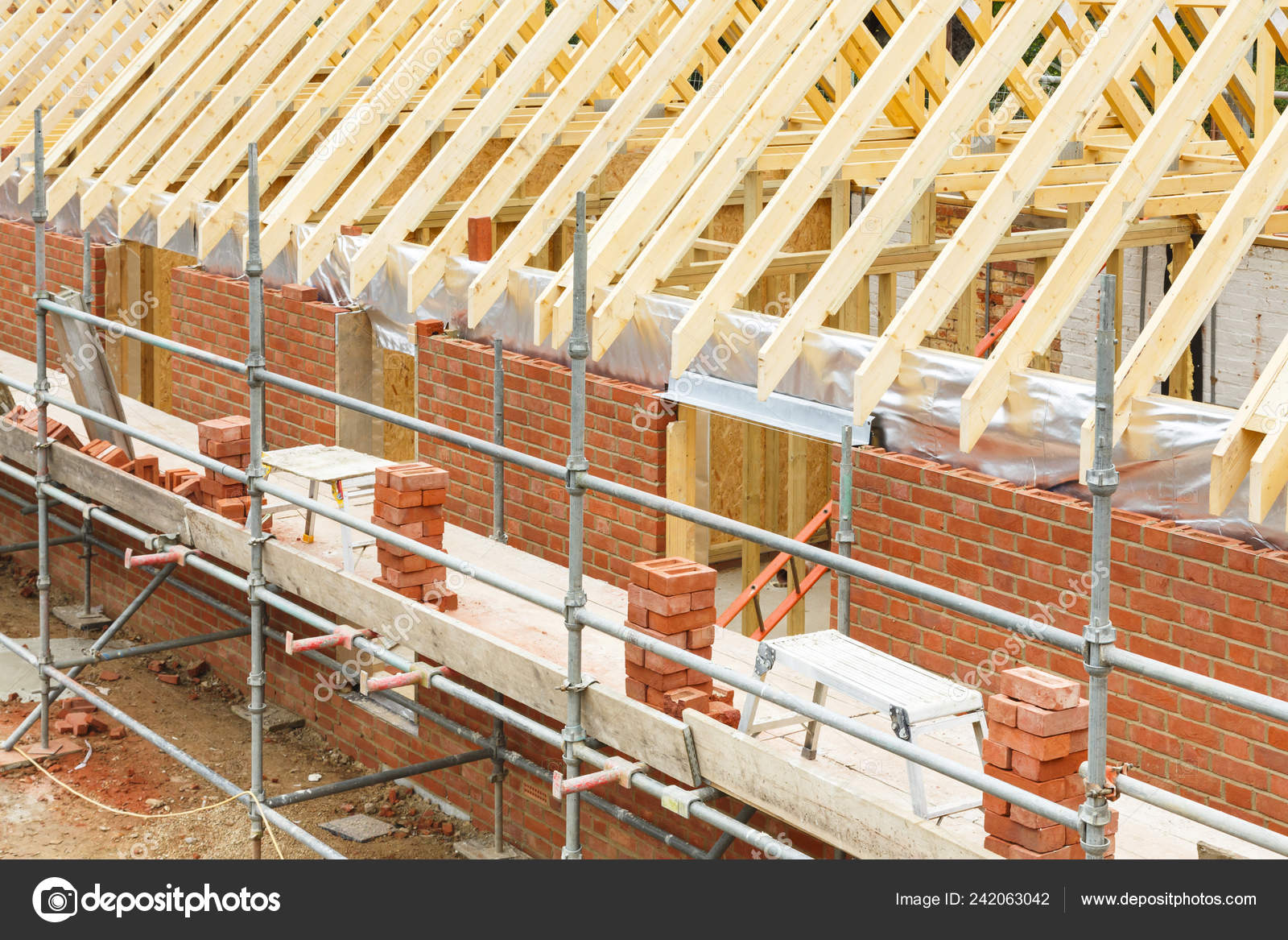 Construction Site House Built Brick Timber Featuring Brickwork Roof ...