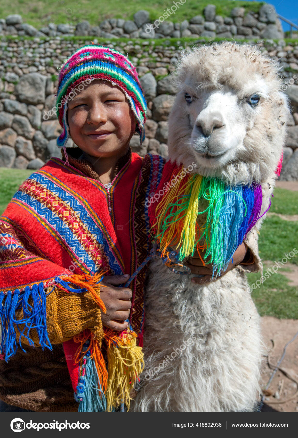 Boy Dressed Colourful Traditional Peruvian Clothes Including Poncho ...