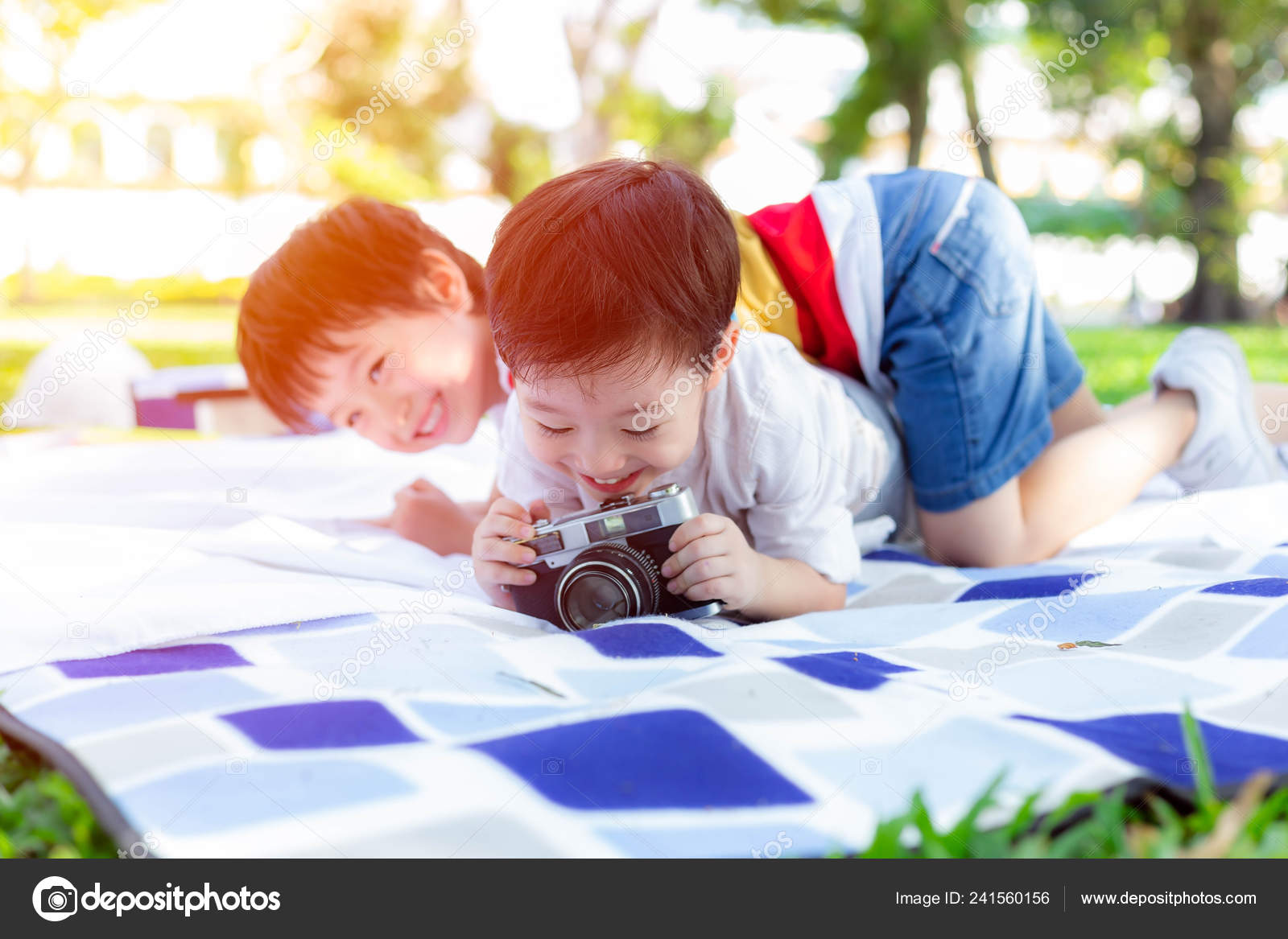 Handsome Little Boy Playing Camera Park International School His Older ...