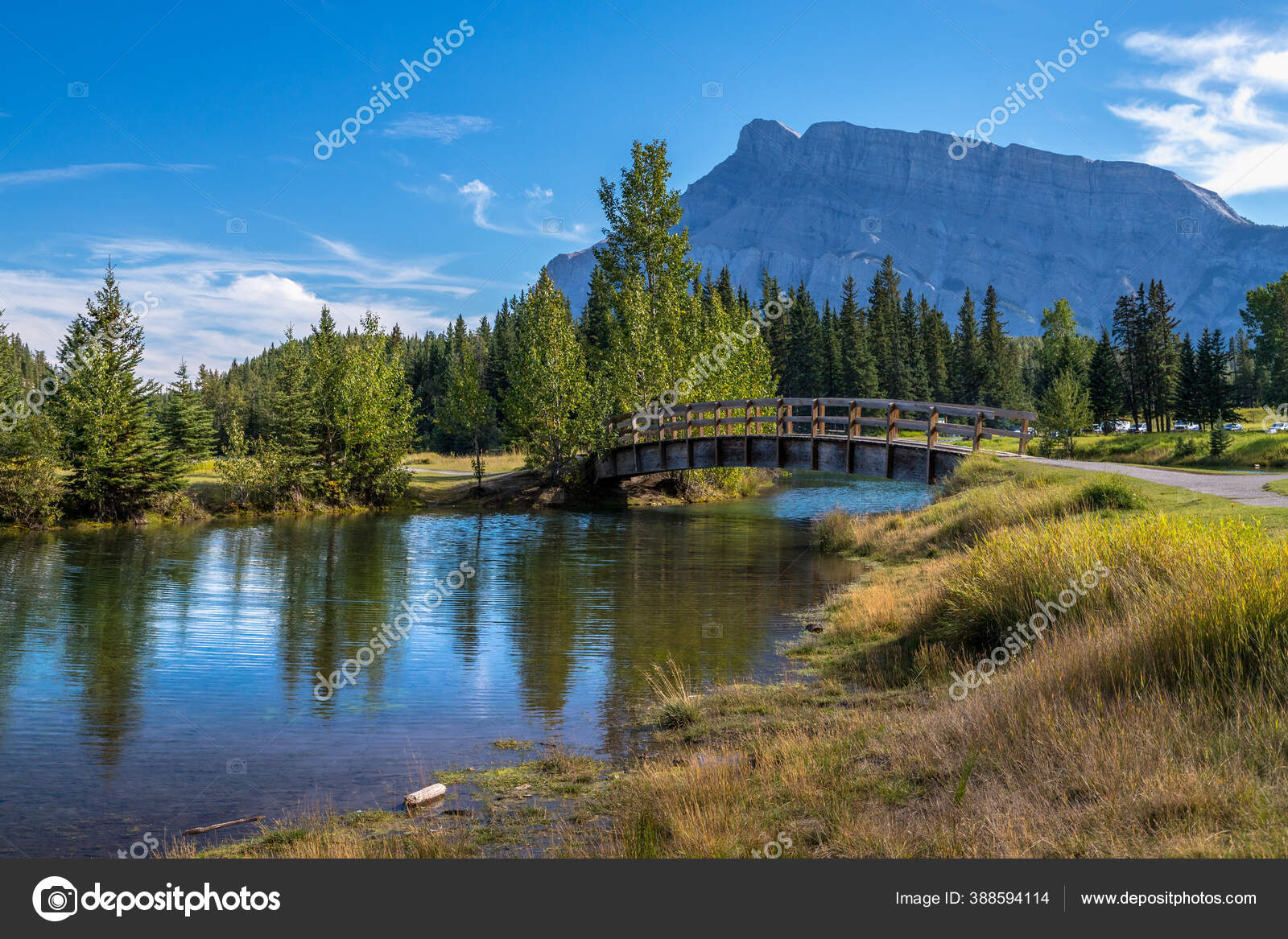 Beautiful Wooden Bridge Spanning Cascade Ponds Mount Rundle Background ...