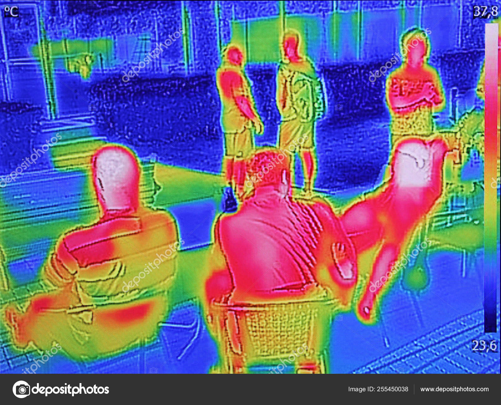 Infrared thermovision image showing when People sit at the table Stock ...