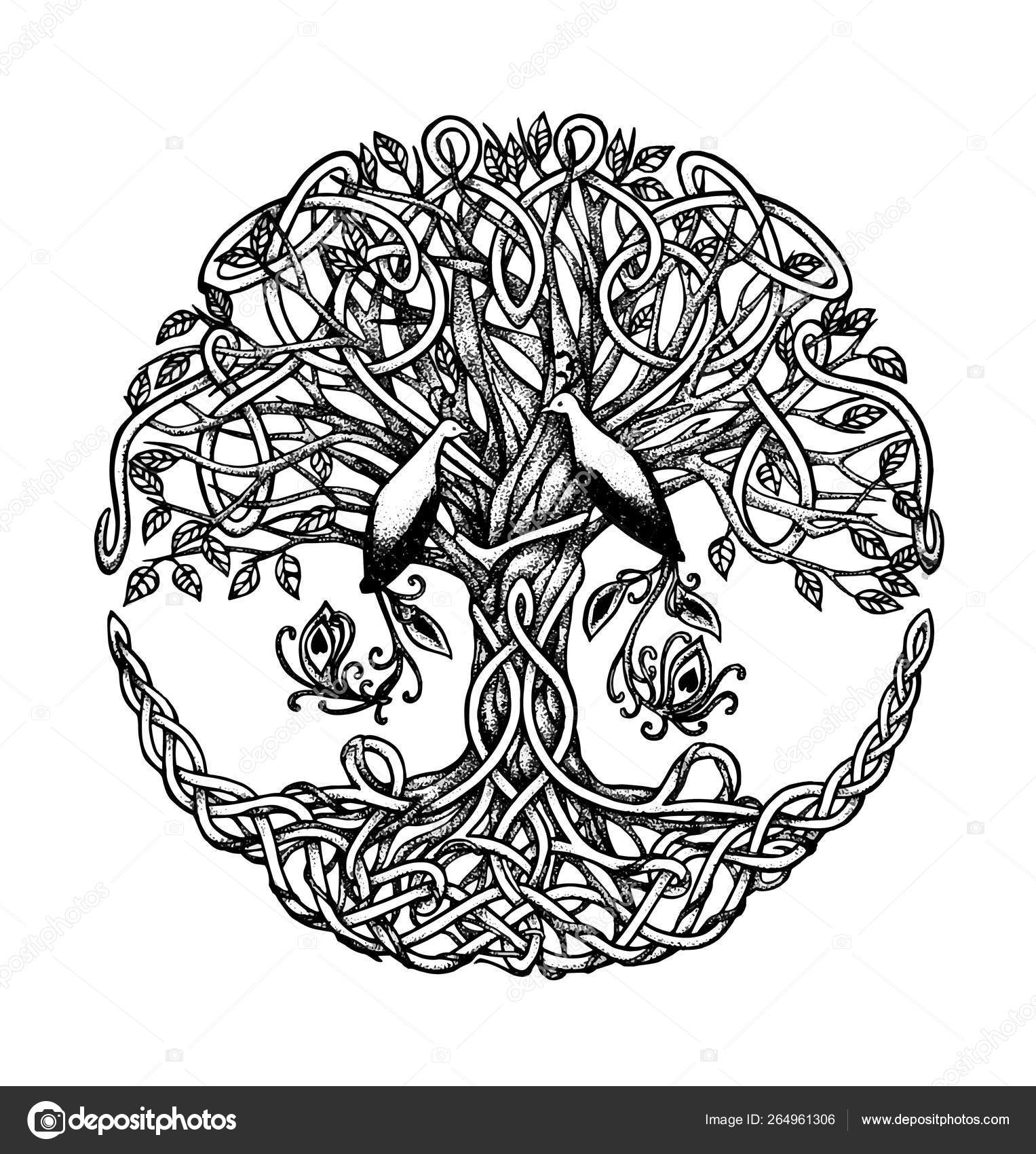 Stylish Vector Illustration Tree Two Birds Drawing Made Tattoo Print ...