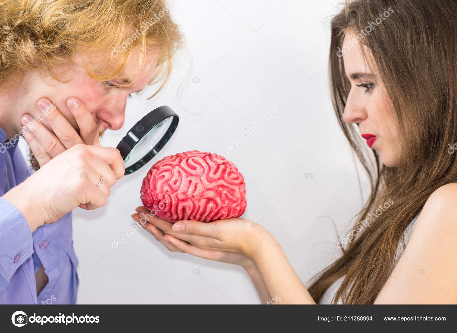 Woman Man Looking Human Brain Model Using Magnifying Glass Closer ...
