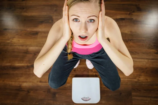 Scared woman on bathroom scale machine Stock Photo by ©Voyagerix 160351252