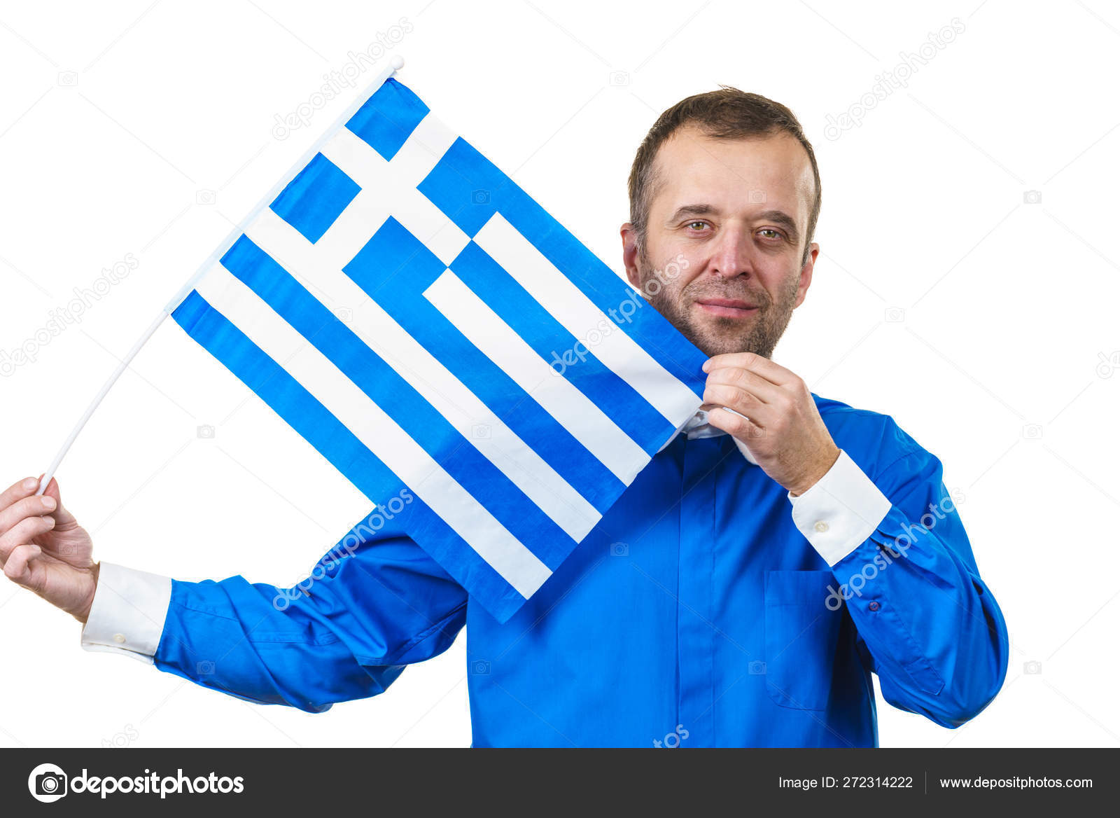 Happy man holding Greek flag Stock Photo by ©Voyagerix 272314222