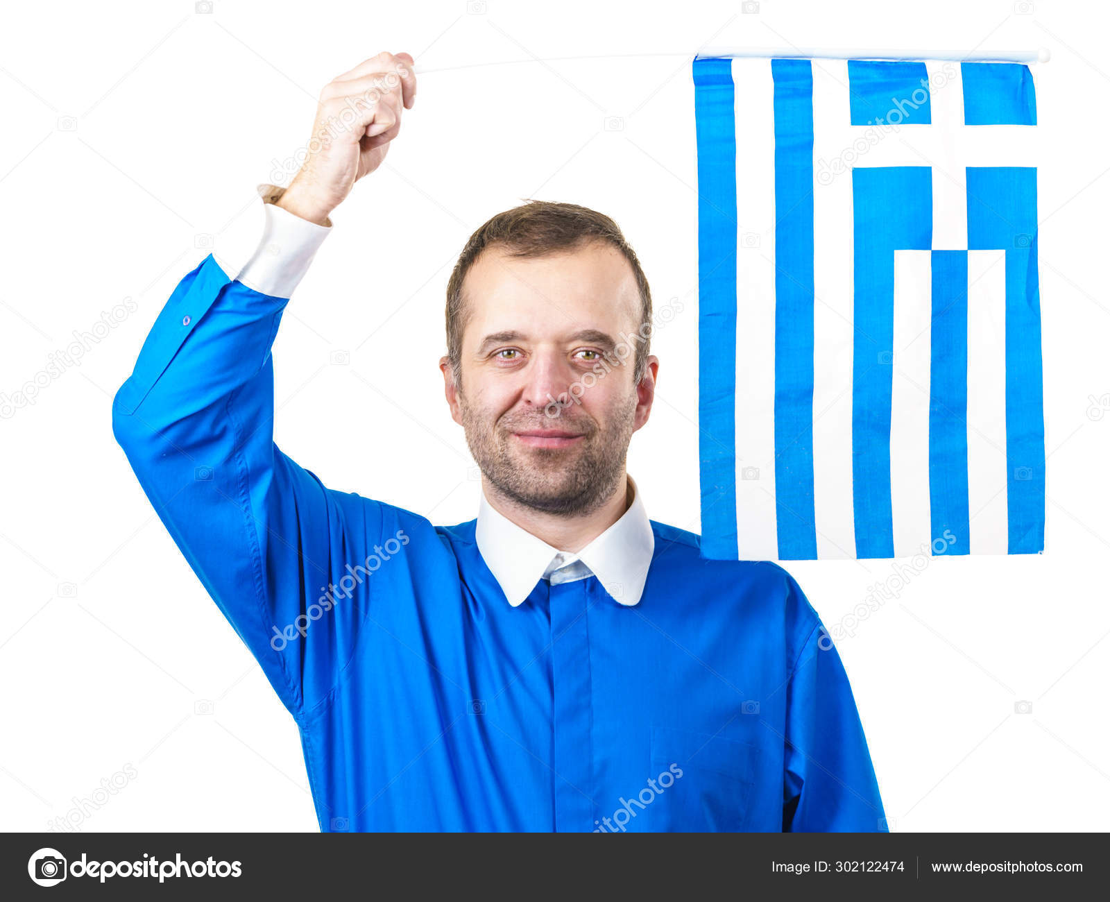 Happy man holding Greek flag Stock Photo by ©Voyagerix 302122474