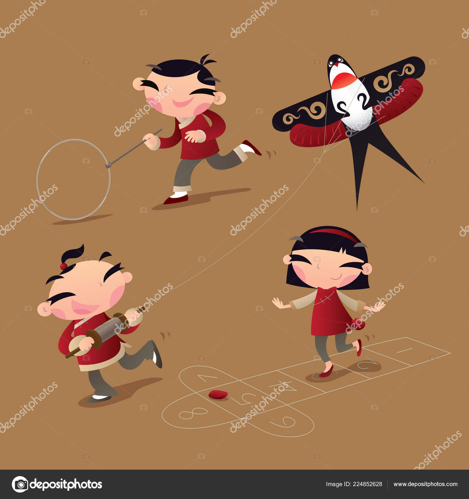 Classic Old Chinese Kid Games Hoop Rolling Kite Flying Hopscotch Stock ...