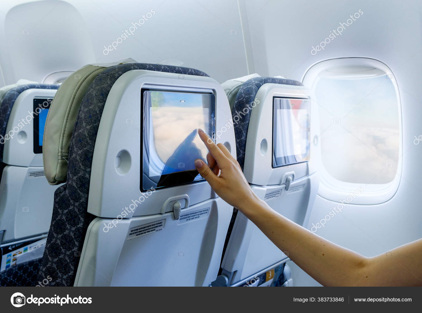 Comfortable Flight Board Modern Aircraft Girl Passenger Chooses Movies ...
