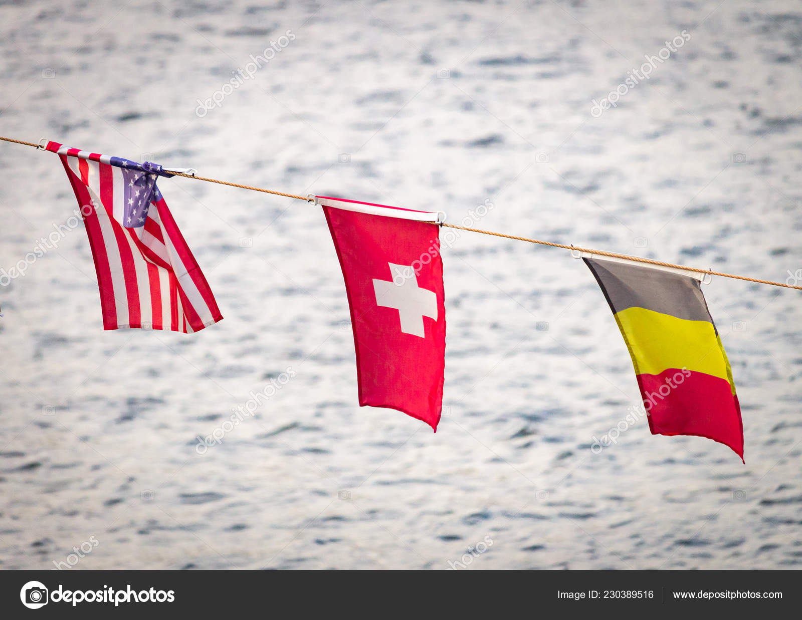 Various National Flags Wave River Background United States America ...