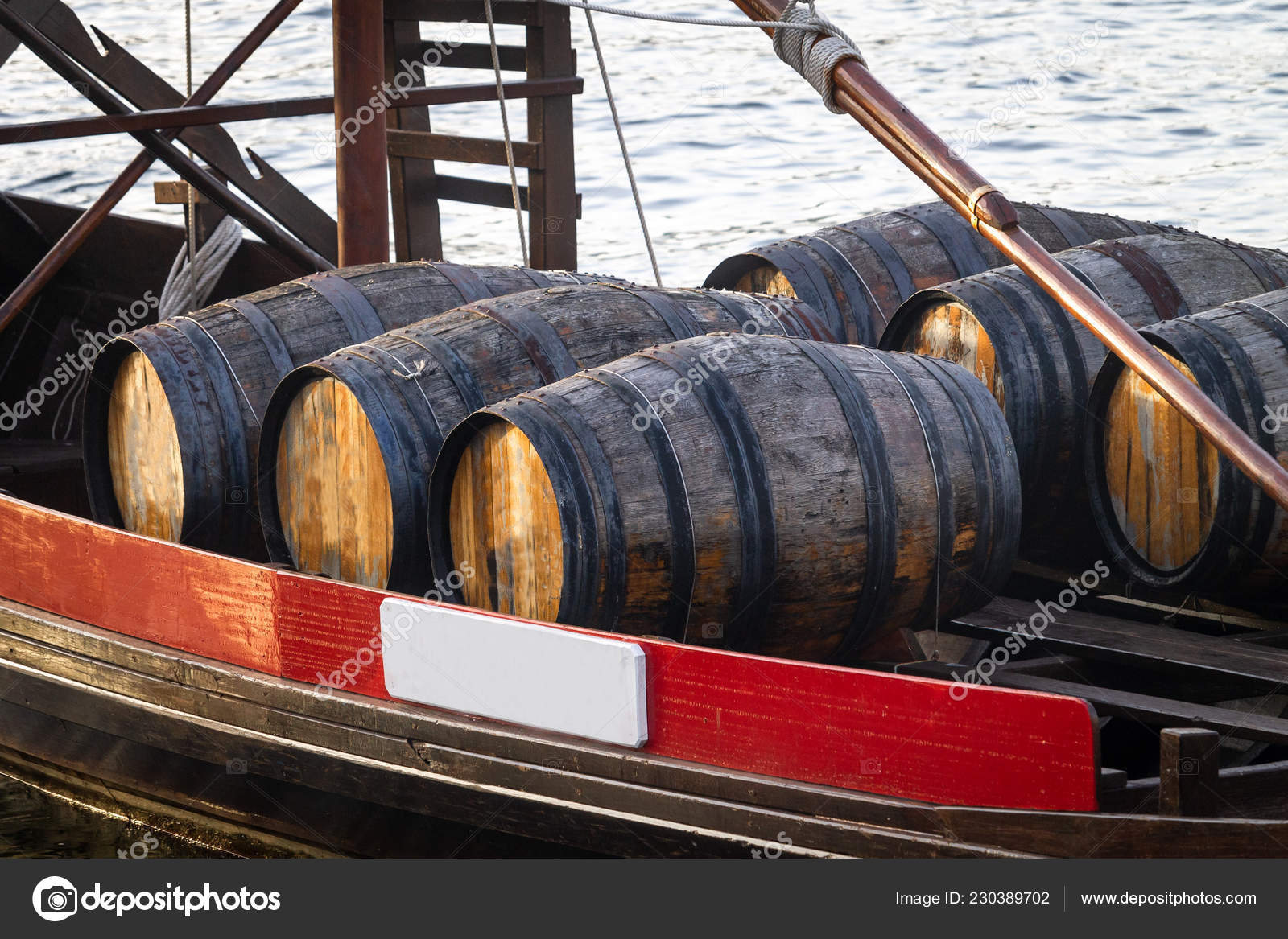 Close Various Port Wine Barrels Rabelo Boat Standing Douro River Stock ...